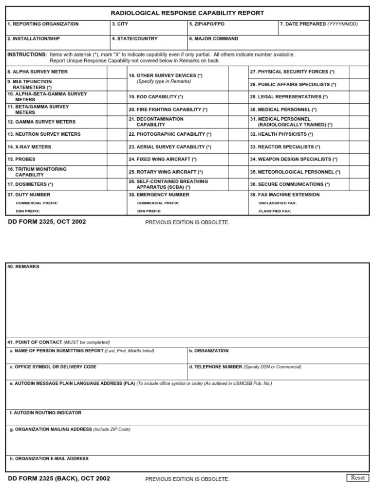 DD Form 2325 – Radiological Response Capability Report - DD Forms