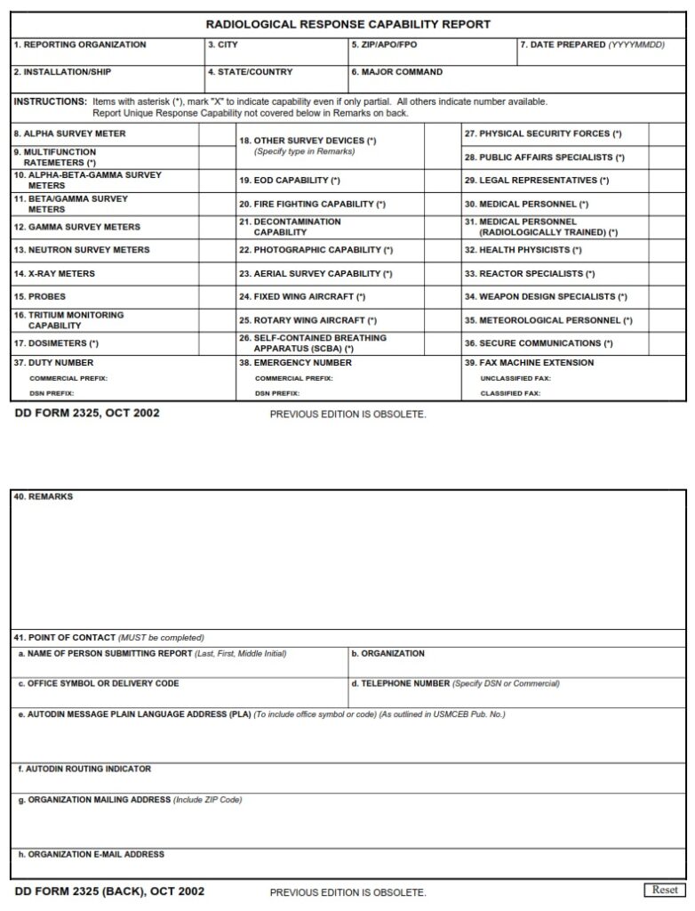 DD Form 2325 – Radiological Response Capability Report - DD Forms