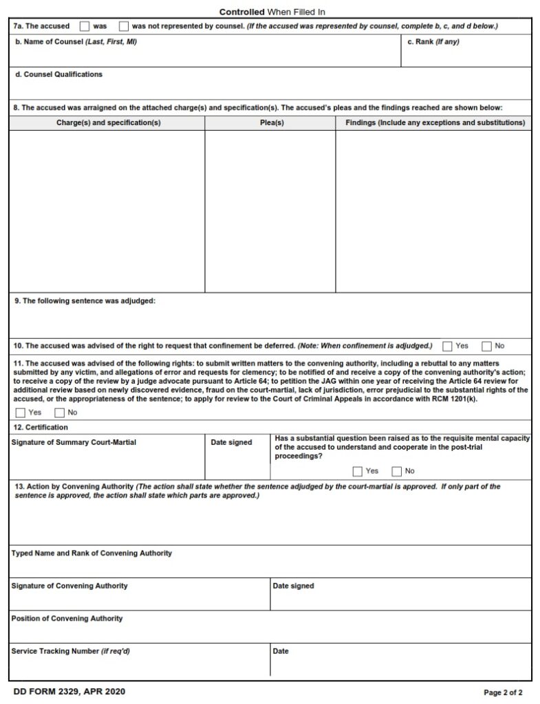DD Form 2329 – Record of Trial by Summary Court-Martial - DD Forms
