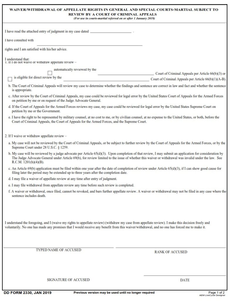 DD Form 2330 – Waiver/Withdrawal of Appellate Rights in General and ...