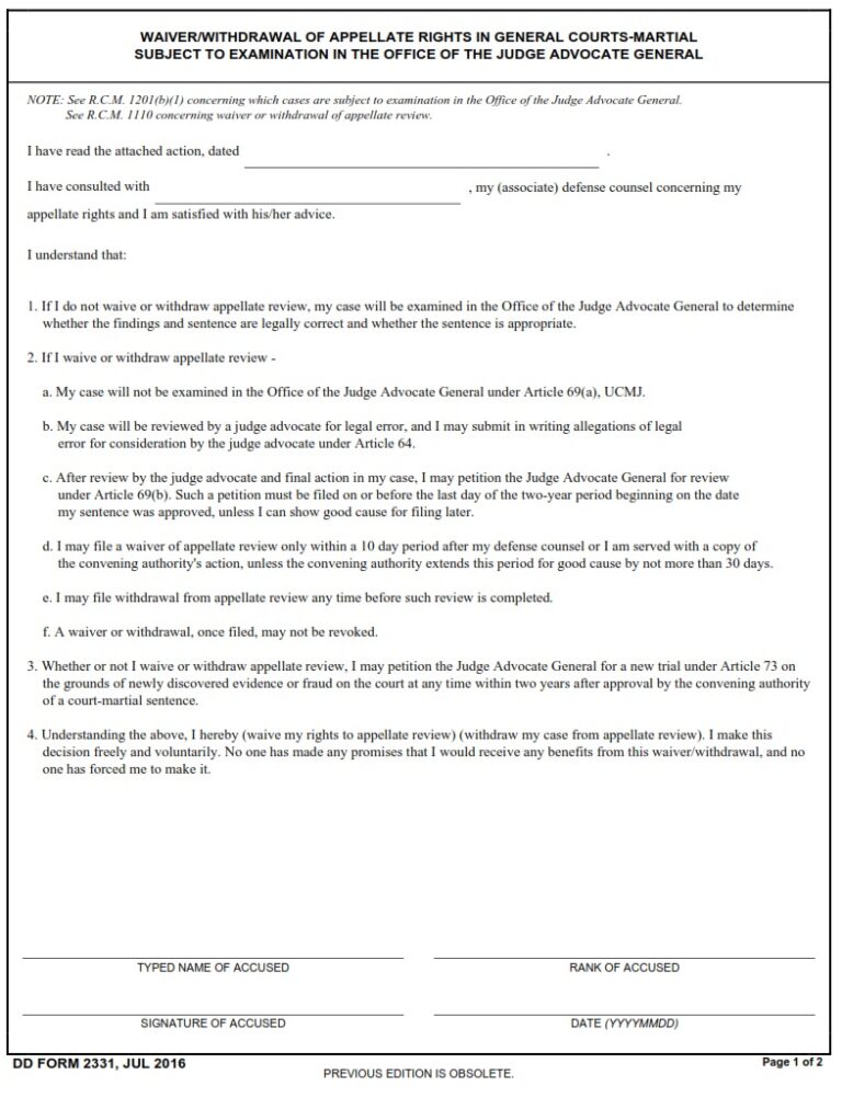 DD Form 2331 – Waiver/Withdrawal of Appellate Rights in General Courts ...