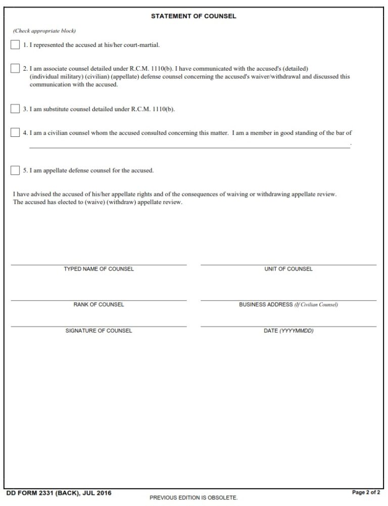 DD Form 2331 – Waiver/Withdrawal of Appellate Rights in General Courts ...