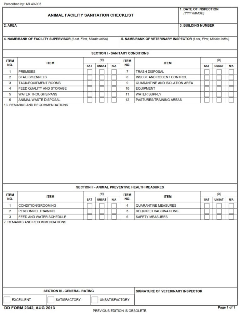 DD Form 2342 – Animal Facility Sanitation Checklist - DD Forms