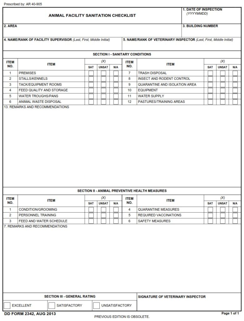DD Form 2342 – Animal Facility Sanitation Checklist - DD Forms