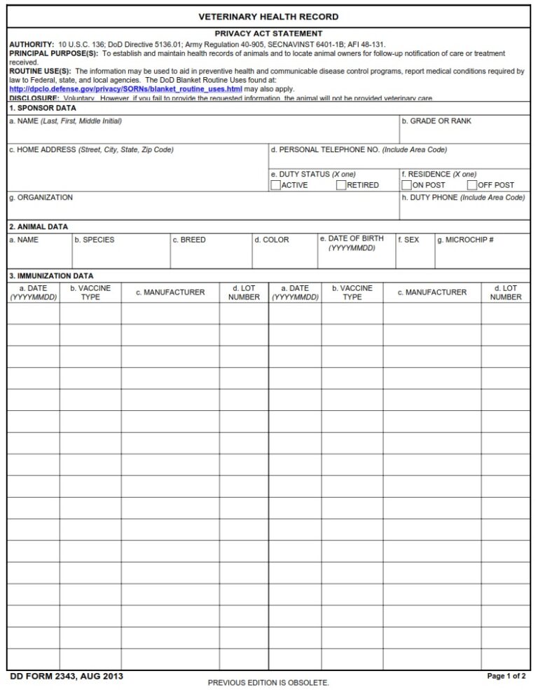 DD Form 2343 – Veterinary Health Record - DD Forms