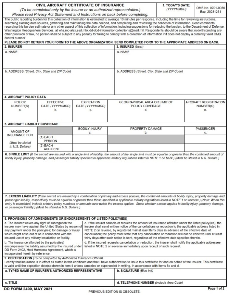 DD Form 2400 – Civil Aircraft Certificate of Insurance - DD Forms