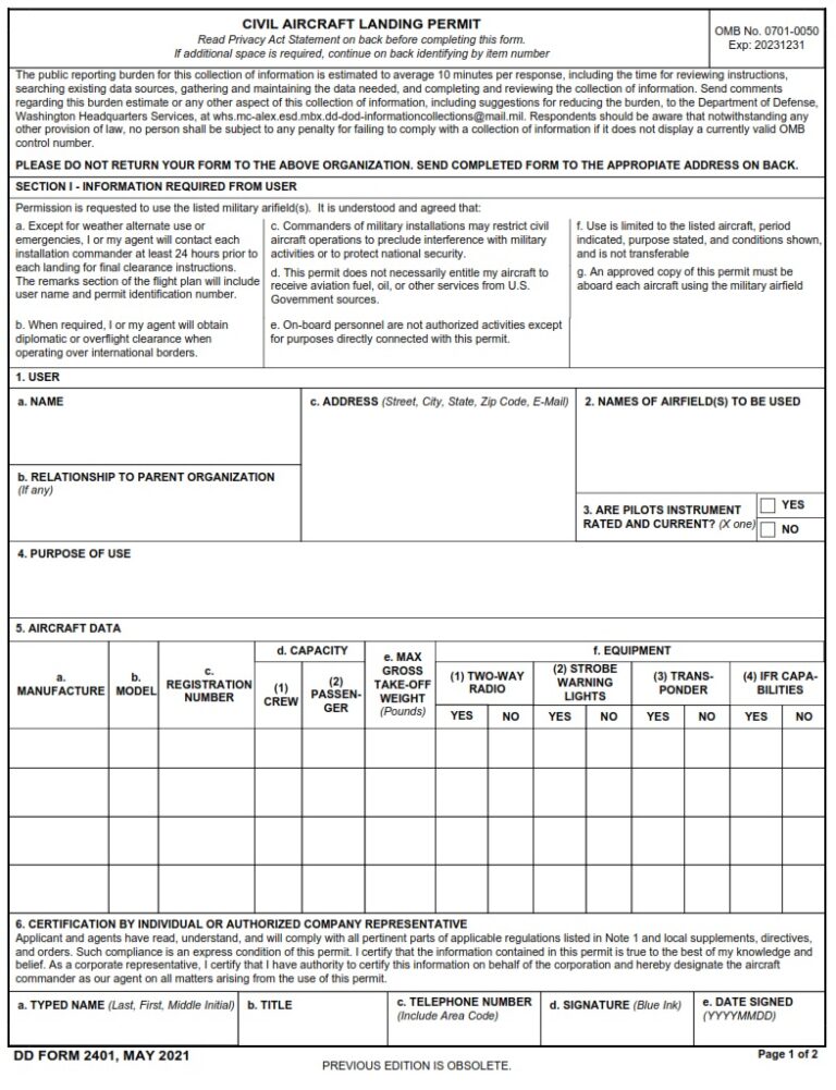 DD Form 2401 – Civil Aircraft Landing Permit - DD Forms