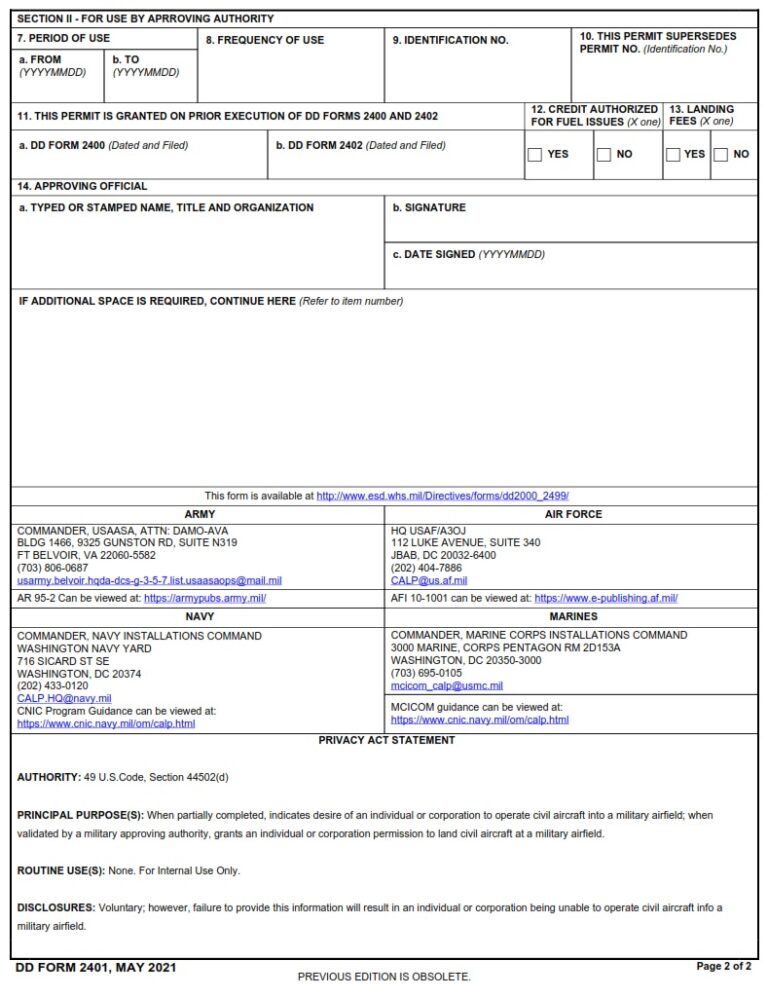 DD Form 2401 – Civil Aircraft Landing Permit - DD Forms