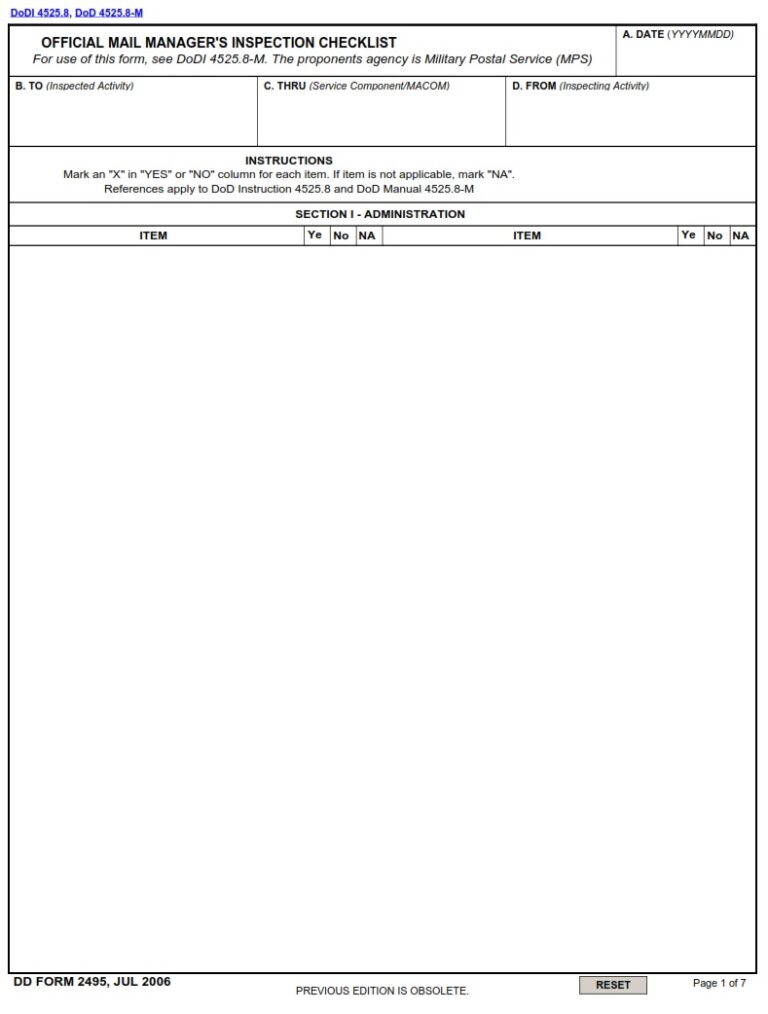 DD Form 2495 – Official Mail Manager’s Inspection Checklist - DD Forms