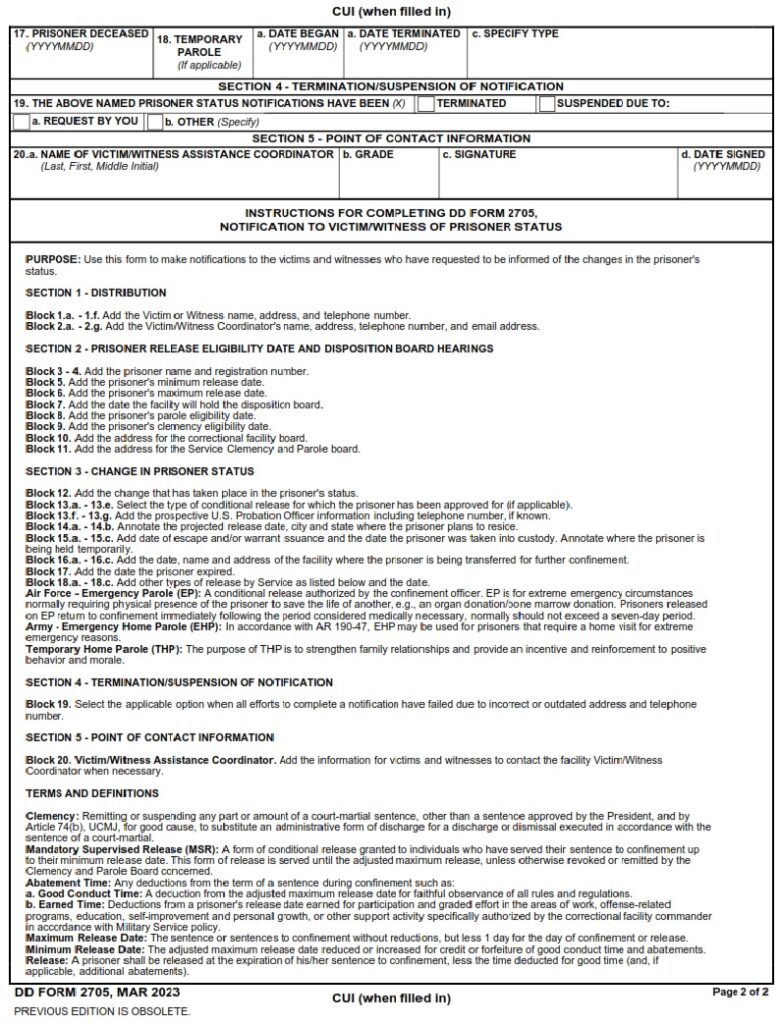 DD Form 2705 – Notification to Victim/Witness of Prisoner Status - DD Forms