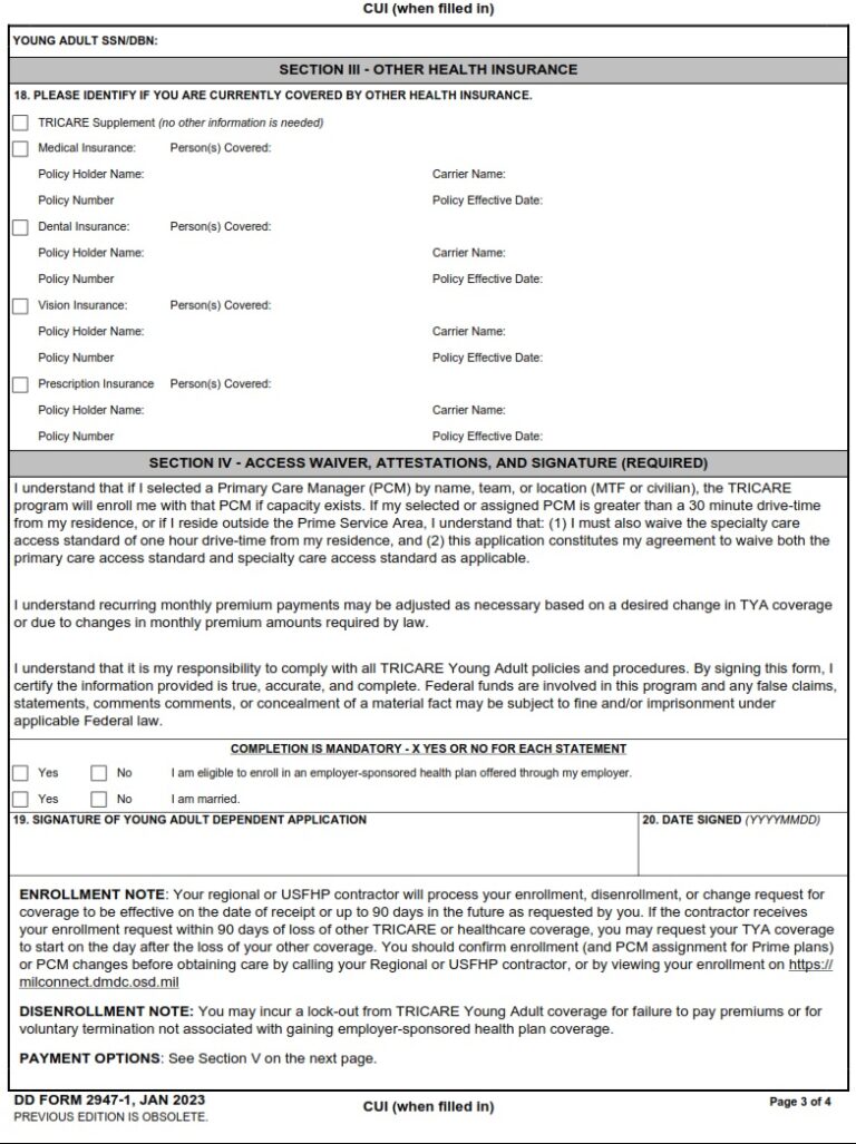 DD Form 2947-1 – TRICARE Young Adult Application (EAST) - DD Forms