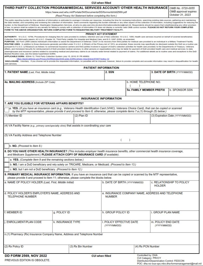 DD Form 2569 – Third Party Collection Program/Medical Services Account ...