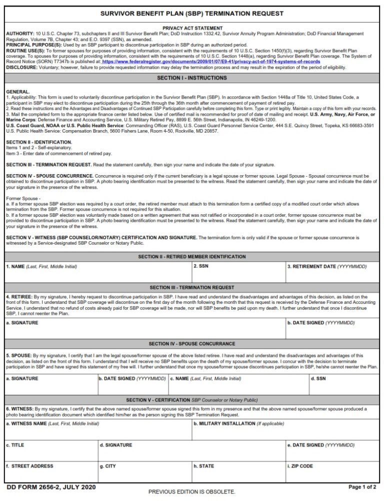 DD Form 2656-2 – Survivor Benefit Plan (SBP) Termination Request - DD Forms