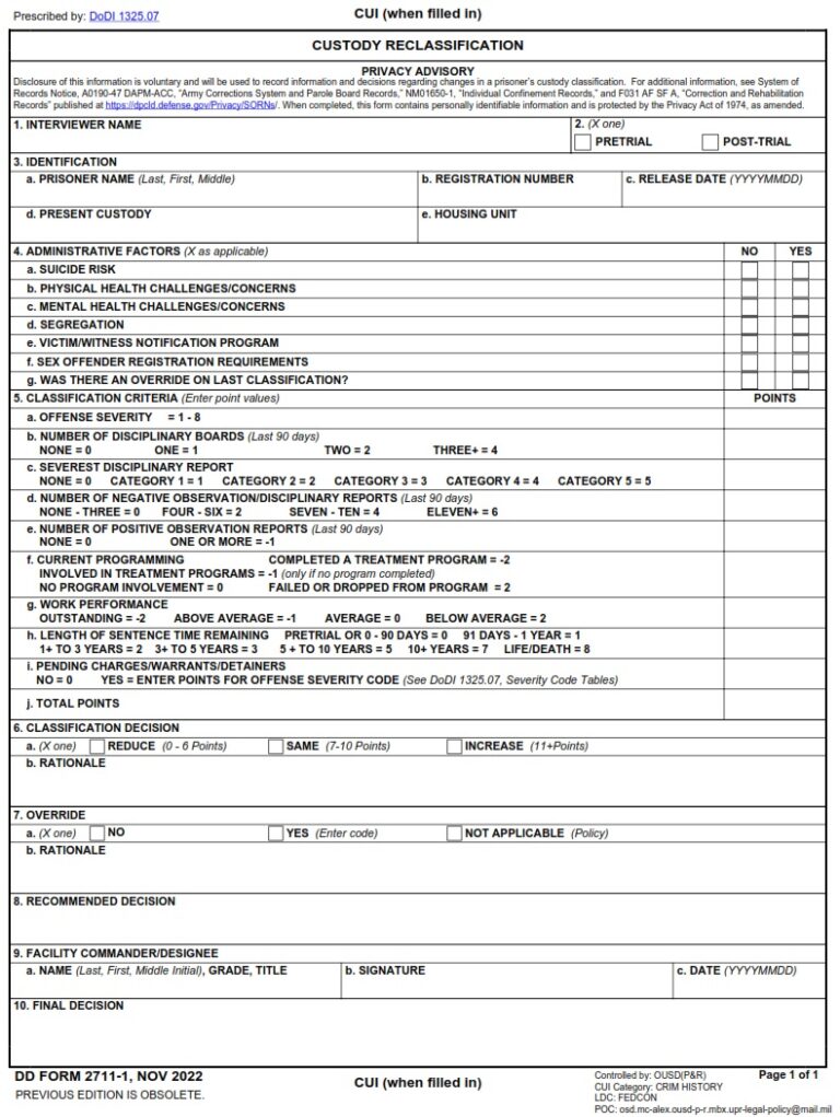 DD Form 2711-1 – Custody Reclassification - DD Forms