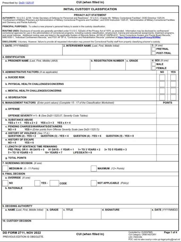 DD Form 2711 – Initial Custody Classification - DD Forms
