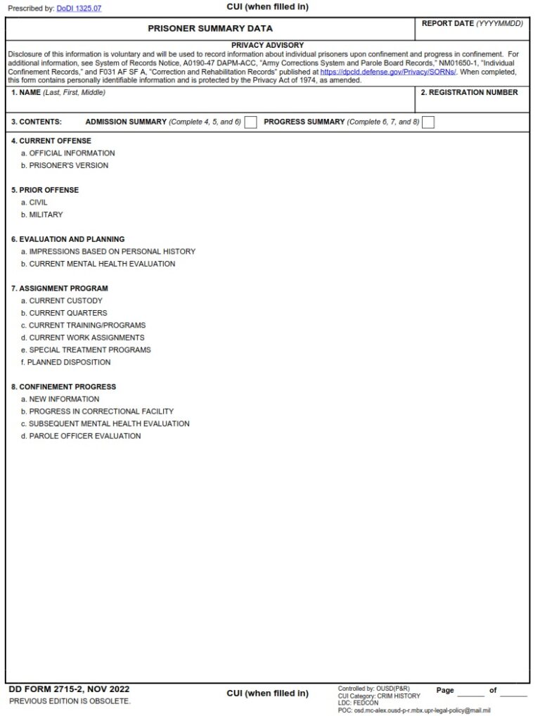 DD Form 2715-2 – Prisoner Summary Data - DD Forms