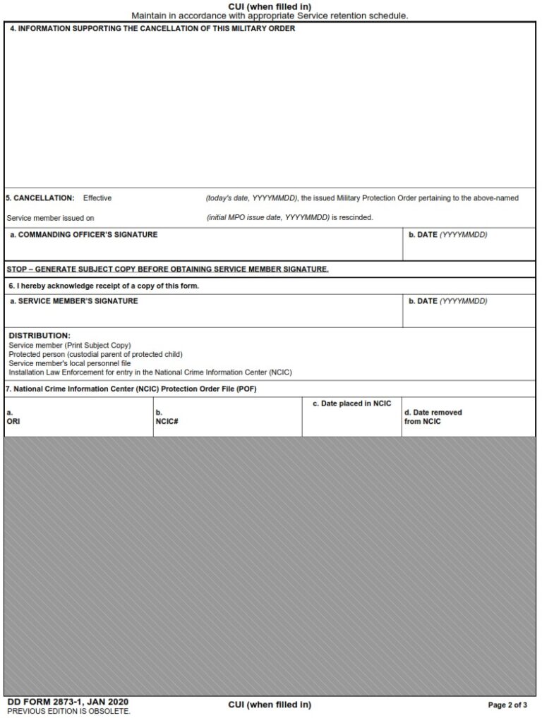 DD Form 2873-1 – Cancellation of Military Protection Order (MPO) - DD Forms
