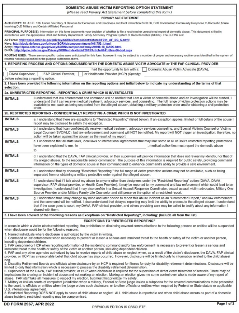 DD Form 2967 – Domestic Abuse Victim Reporting Option Statement - DD Forms