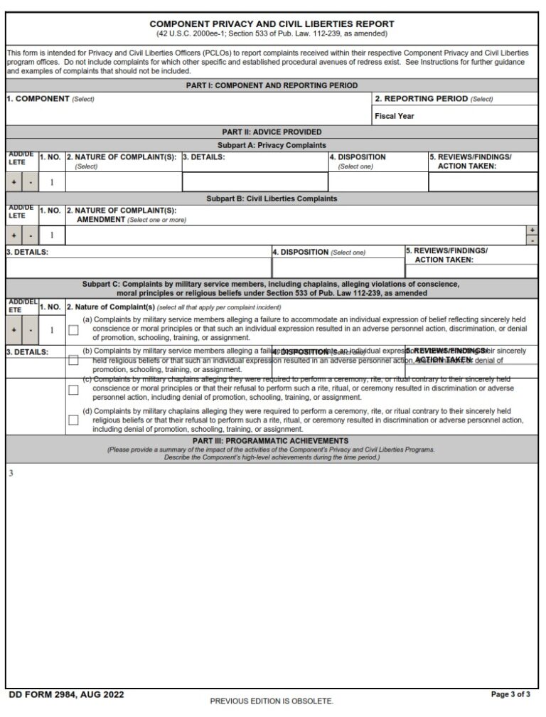 DD Form 2984 – Component Privacy and Civil Liberties Report (42 U.S.C ...