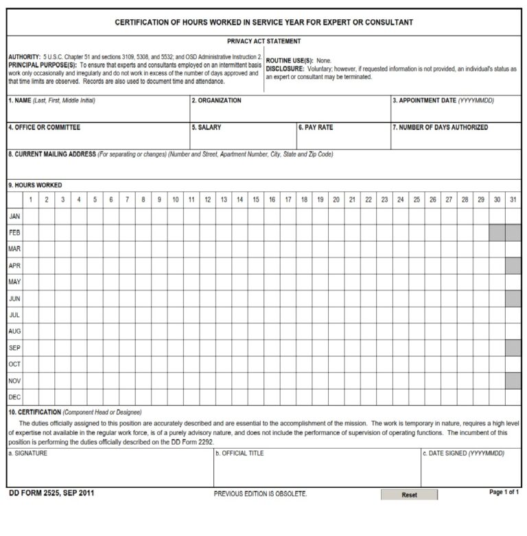 DD Form 2525 – Certification of Hours Worked in Service Year for Expert ...
