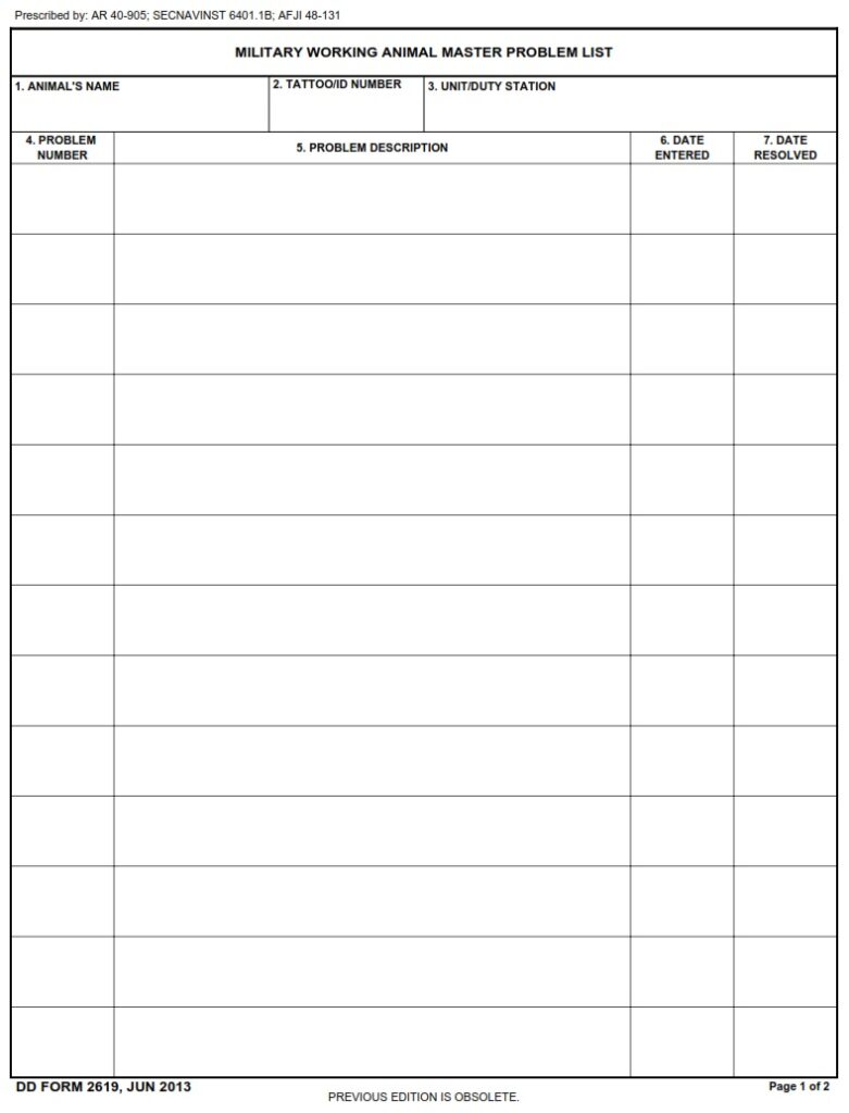 DD Form 2619 – Military Working Dog Master Problem List - DD Forms