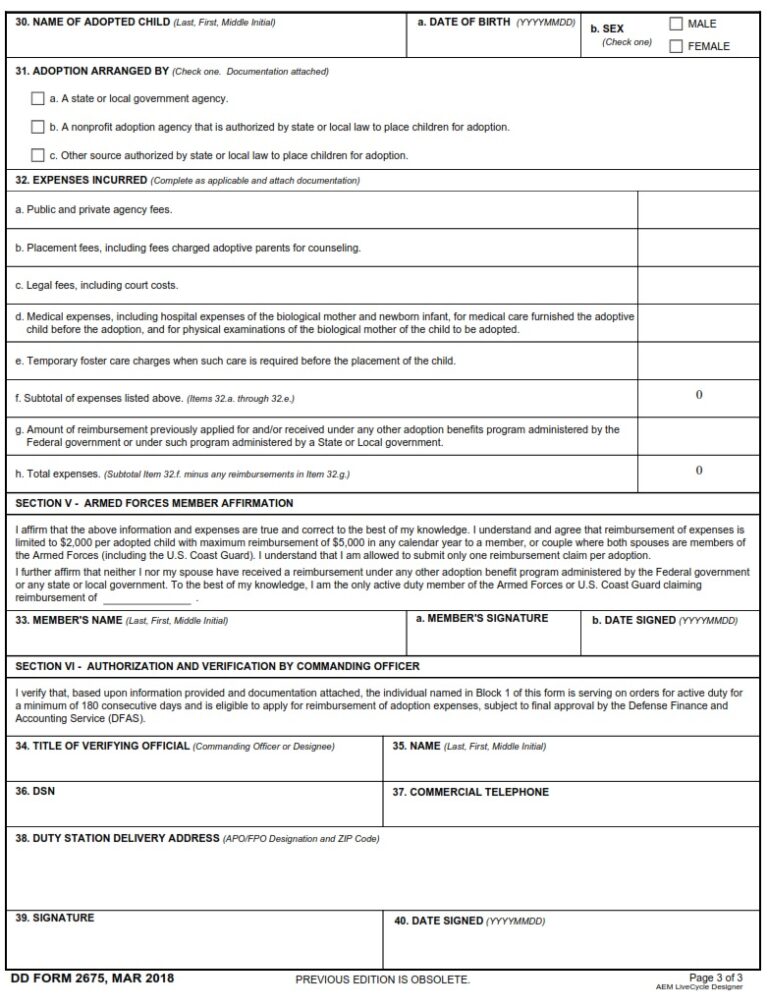 DD Form 2675 – Reimbursement Request for Adoption Expenses - DD Forms