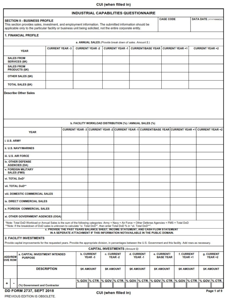 DD Form 2737 – Industrial Capabilities Questionnaire; (Instructions ...