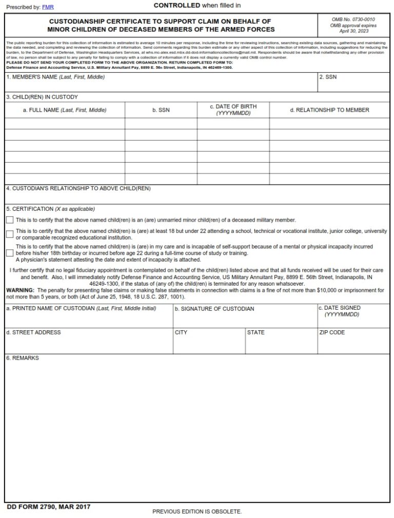 DD Form 2790 – Custodianship Certificate to Support Claim on Behalf of ...
