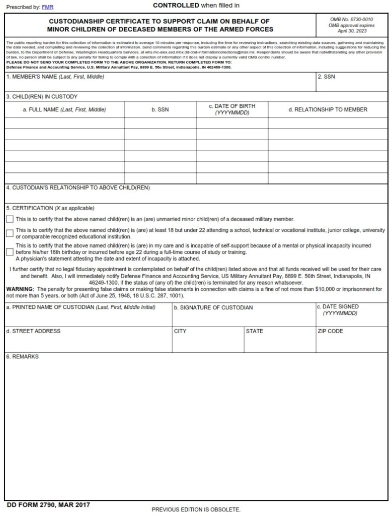 DD Form 2790 – Custodianship Certificate to Support Claim on Behalf of ...