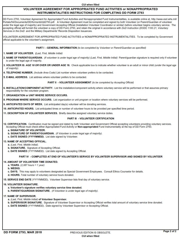DD Form 2793 – Volunteer Agreement for Appropriated Fund Activities ...