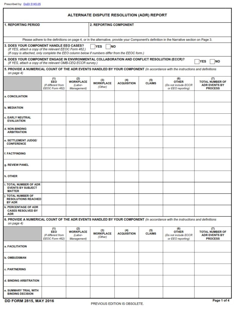 DD Form 2815 – Alternative Dispute Resolution (ADR) Report - DD Forms