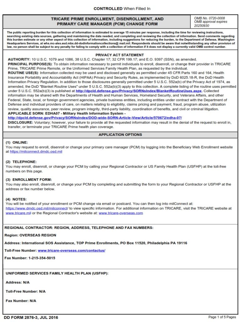 DD Form 2876-3 – TRICARE Prime Enrollment, Disenrollment and Primary ...