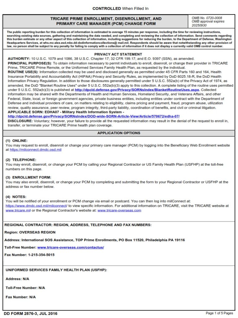 DD Form 2876-3 – TRICARE Prime Enrollment, Disenrollment and Primary ...