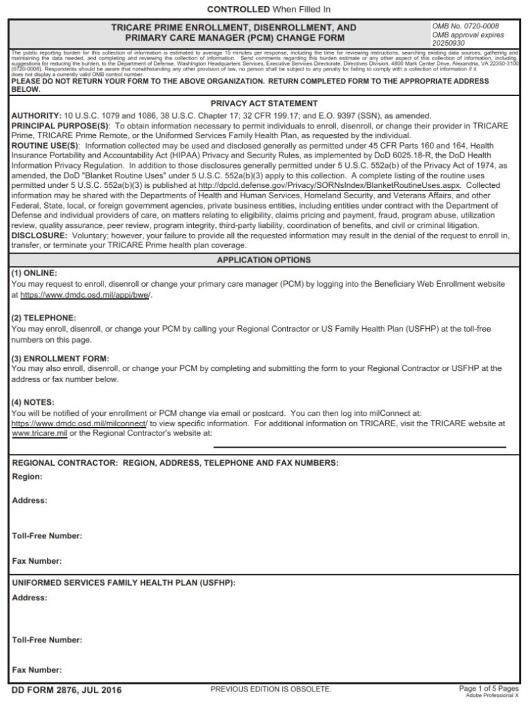 DD Form 2876 – TRICARE Prime Enrollment, Disenrollment and Primary Care ...
