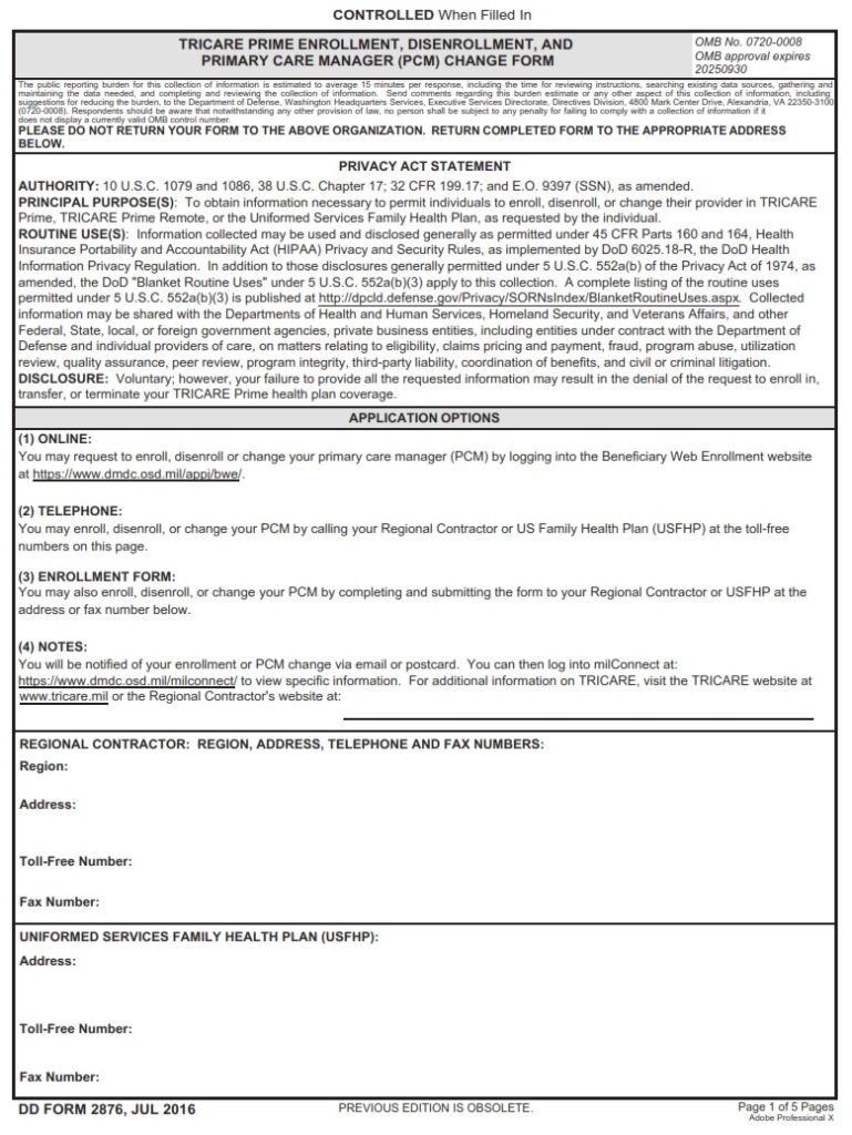 DD Form 2876 – TRICARE Prime Enrollment, Disenrollment and Primary Care ...