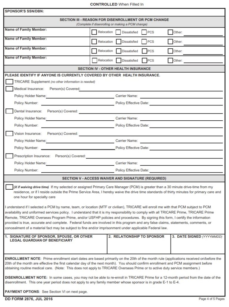 DD Form 2876 – TRICARE Prime Enrollment, Disenrollment and Primary Care ...