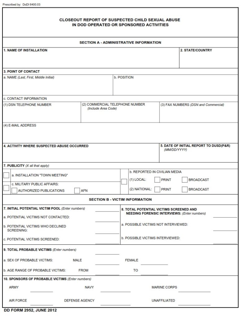 DD Form 2952 – Closeout Report of Suspected Child Sexual Abuse in DoD ...