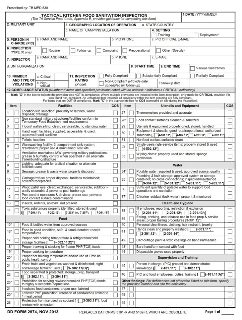 DD Form 2974 – Tactical Kitchen Food Sanitation Inspection - DD Forms