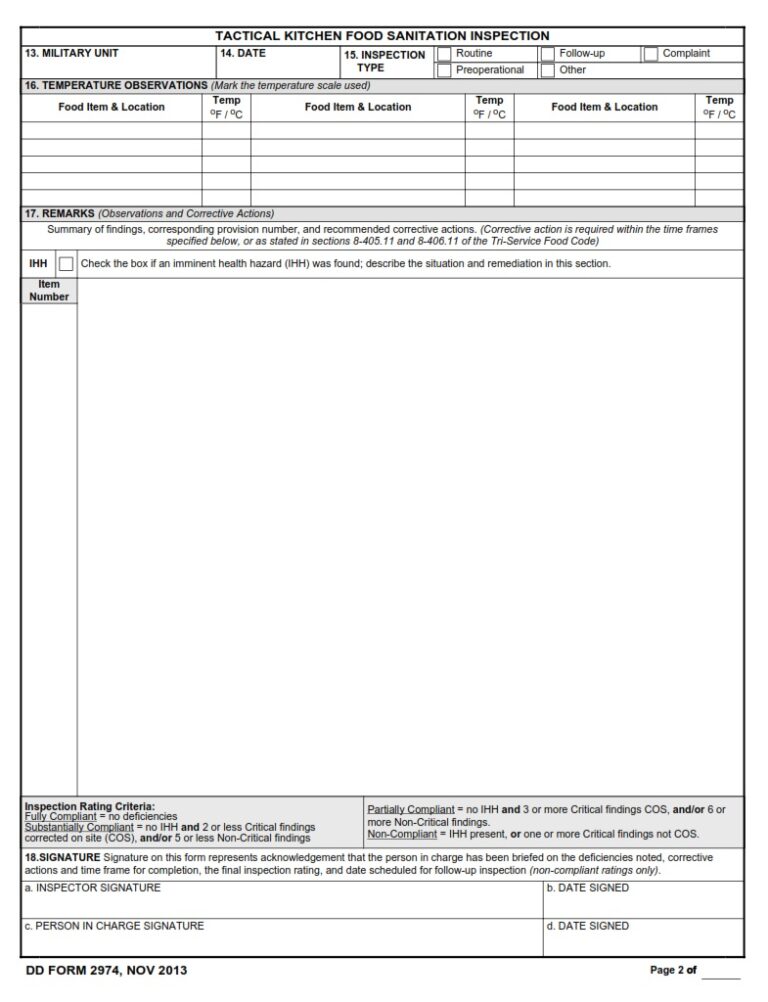 DD Form 2974 – Tactical Kitchen Food Sanitation Inspection - DD Forms