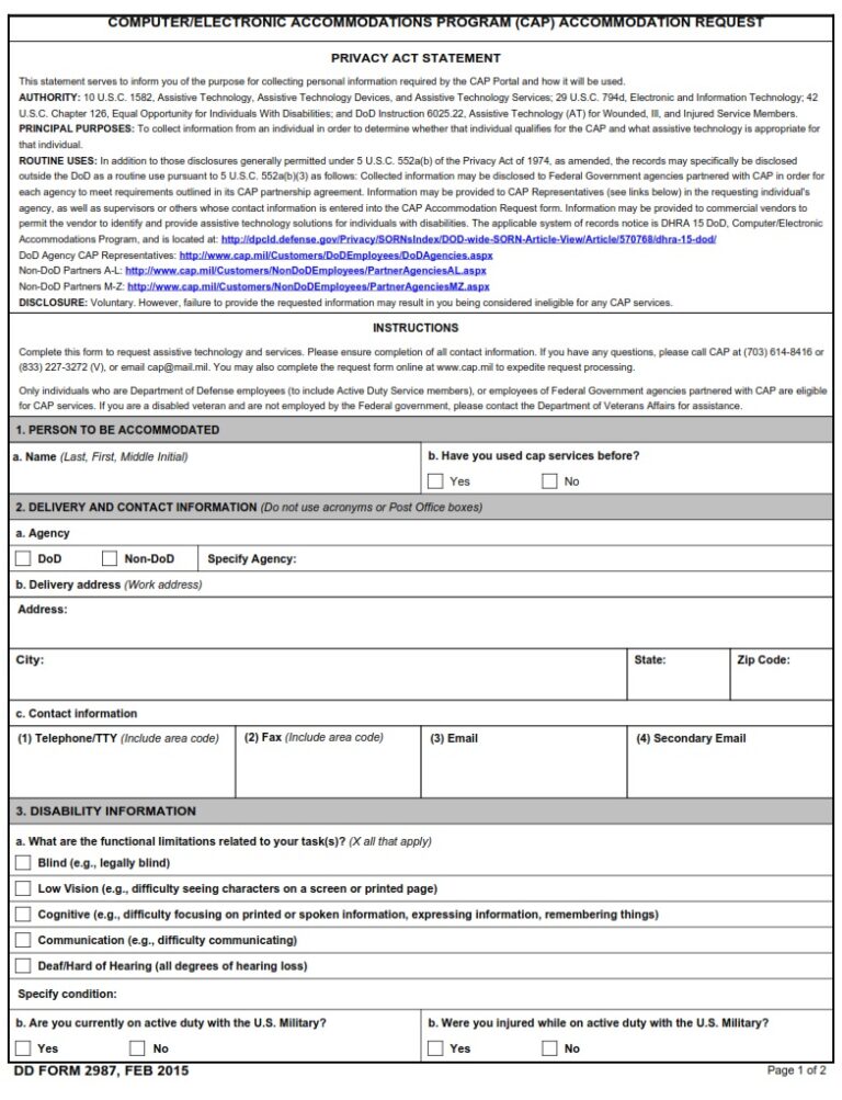 DD Form 2987 – Computer/Electronic Accommodations Program (CAP) Accommodation Request - DD Forms