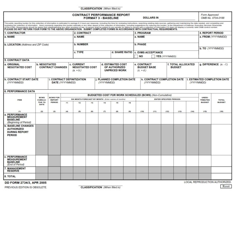 DD Form 2734/3 – Contract Performance Report, Format 3 – Baseline - DD ...