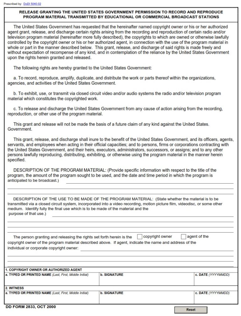 DD Form 2833 – Release Granting the U.S. Government Permission to ...