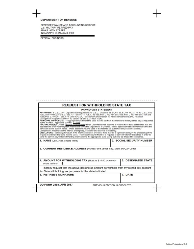 DD Form 2868 – Request for Withholding State Tax - DD Forms