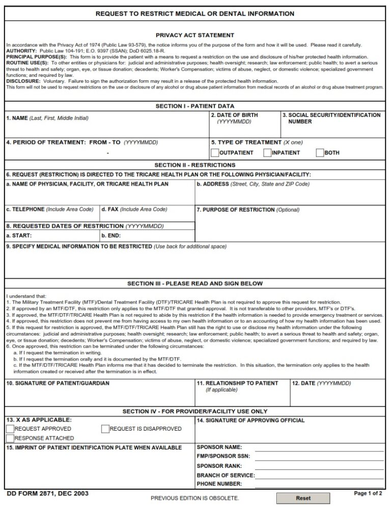 DD Form 2871 – Request to Restrict Medical and Dental Information - DD ...