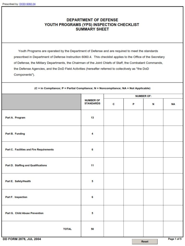 DD Form 2878 – Department of Defense Youth Program Inspection Checklist ...