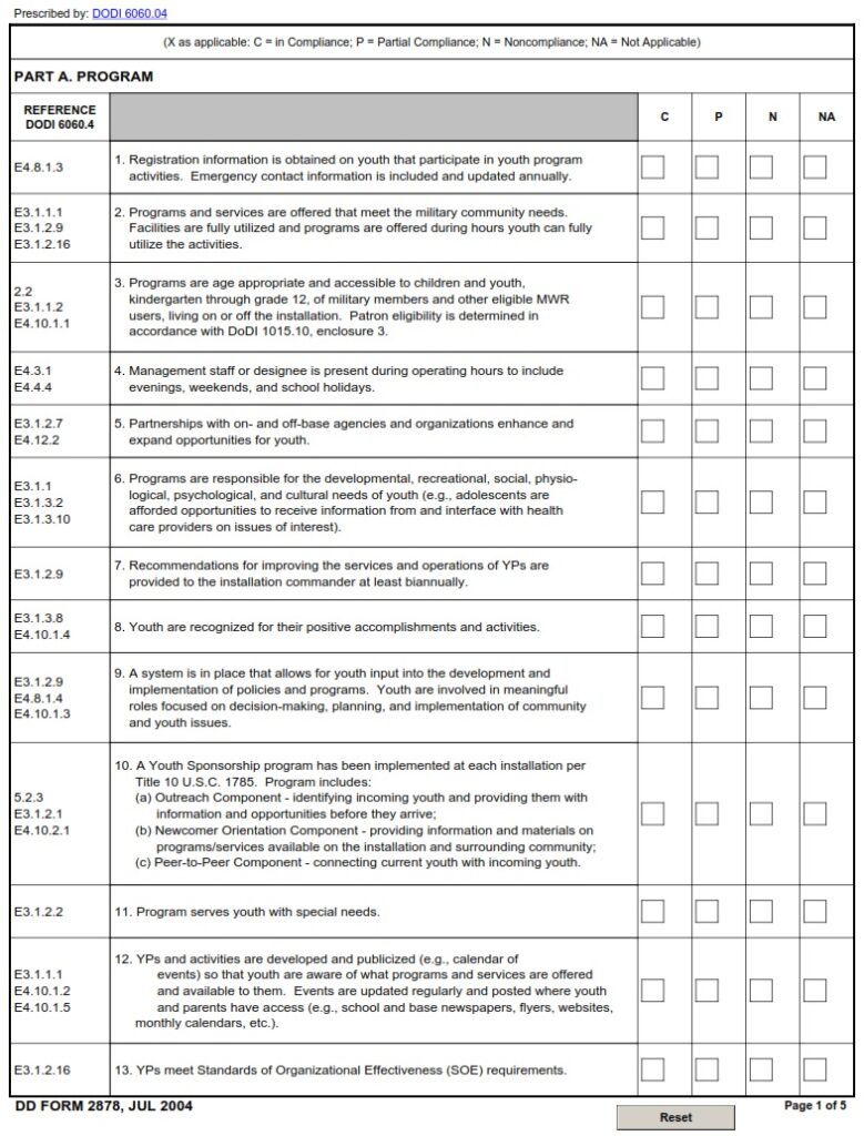 DD Form 2878 – Department of Defense Youth Program Inspection Checklist ...