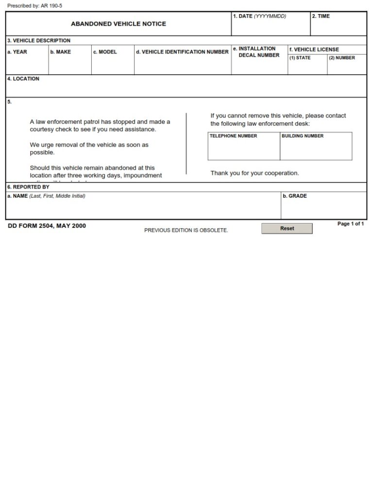 DD Form 2504 – Abandoned Vehicle Notice - DD Forms