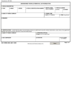 DD Form 2505 – Abandoned Vehicle Removal Authorization - DD Forms