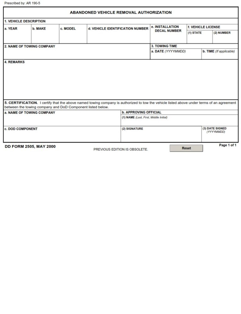 DD Form 2505 – Abandoned Vehicle Removal Authorization - DD Forms