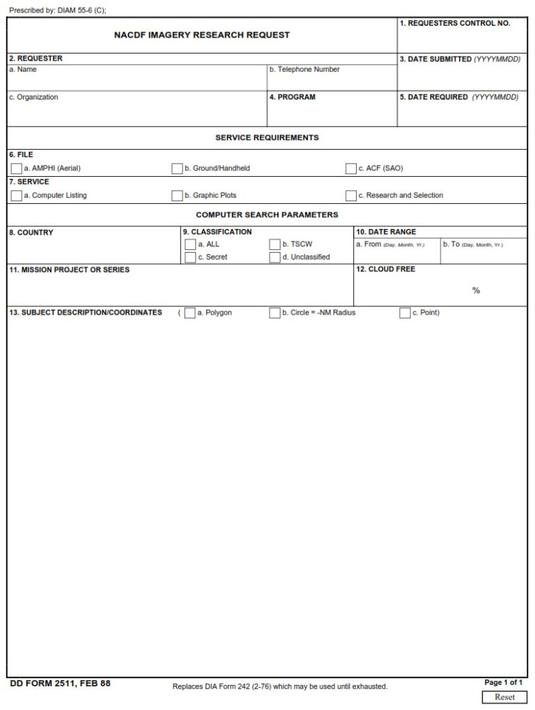 DD Form 2511 – Imagery Research Request, NACF - DD Forms